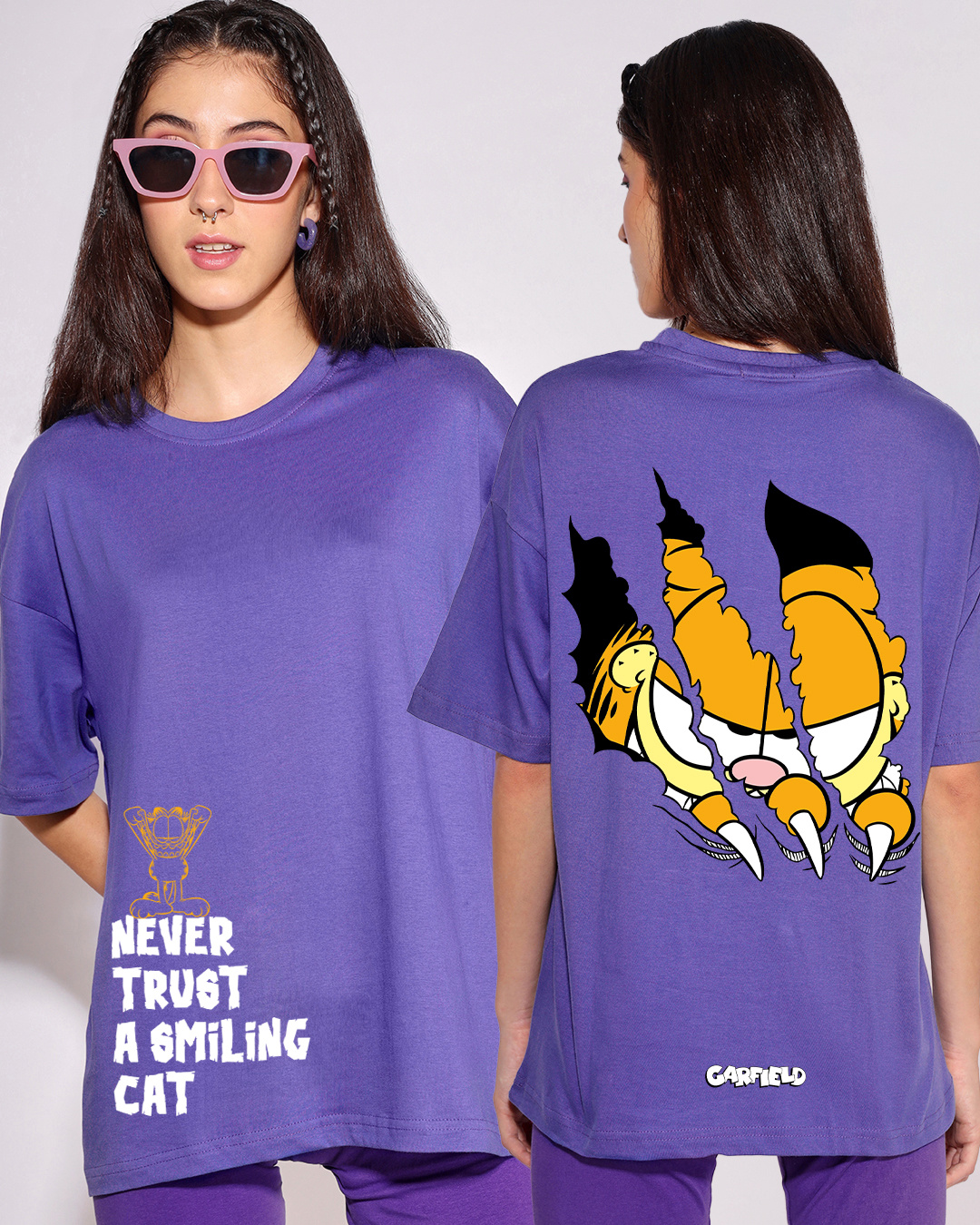 Buy Women's Blue Smiling Cat Graphic Printed Oversized T-shirt Online at Bewakoof