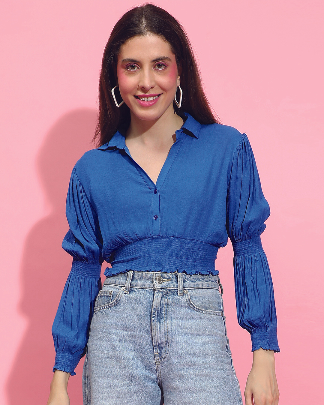 Buy Women's Whale Blue Smocked Short Top Online at Bewakoof