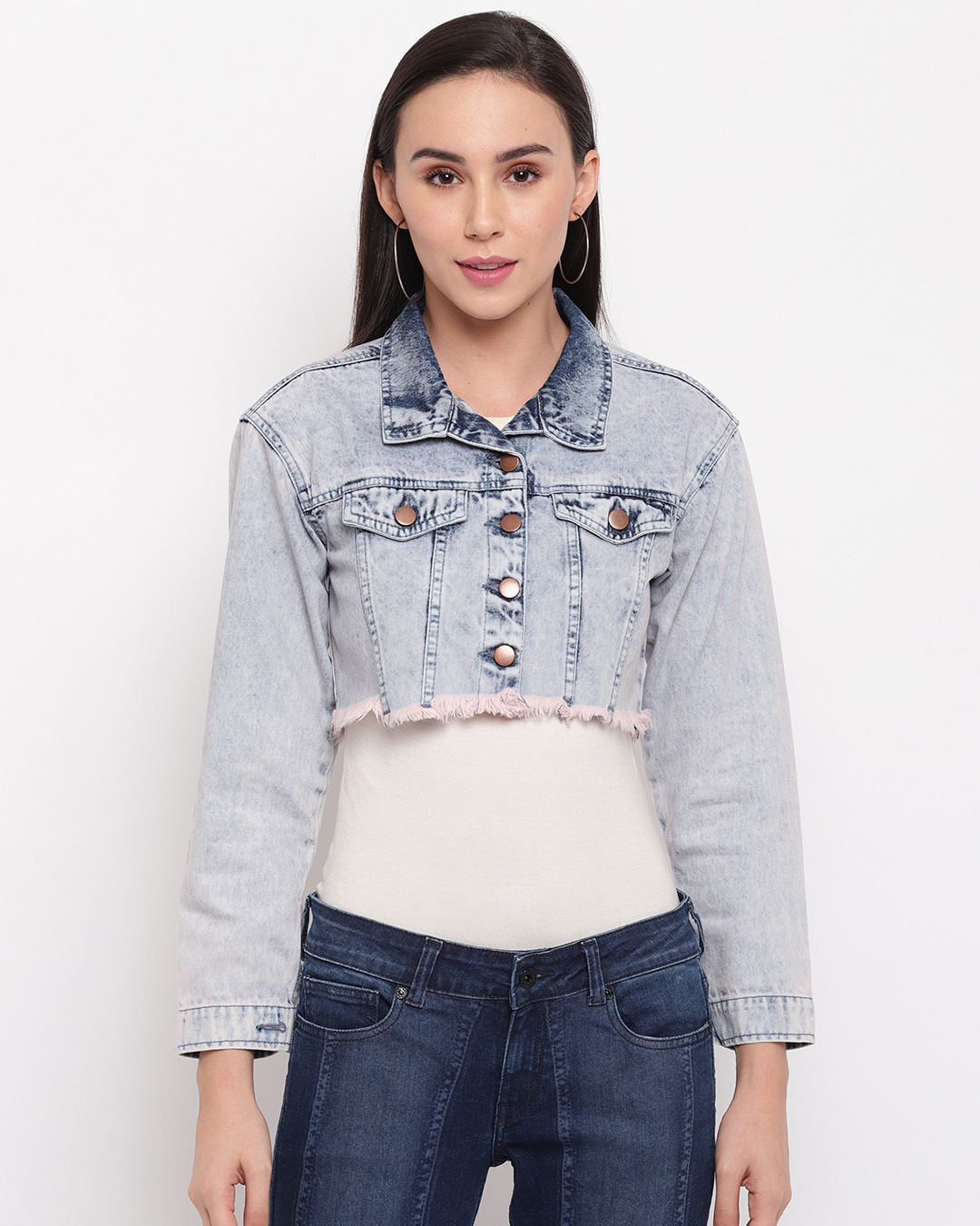 Buy Women's Blue Washed Crop Jacket Online at Bewakoof