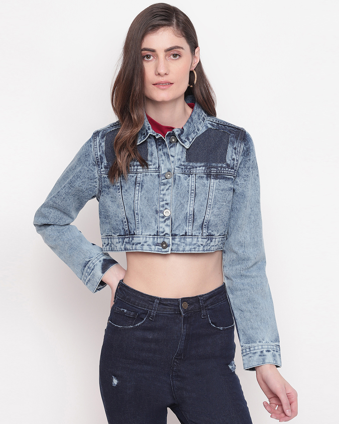 Buy Women's Blue Washed Denim Cropped Jacket Online at Bewakoof