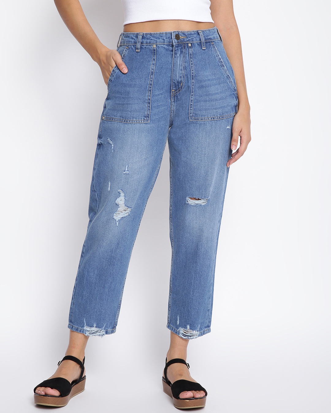 Buy Women's Blue Washed Distressed Jeans Online at Bewakoof