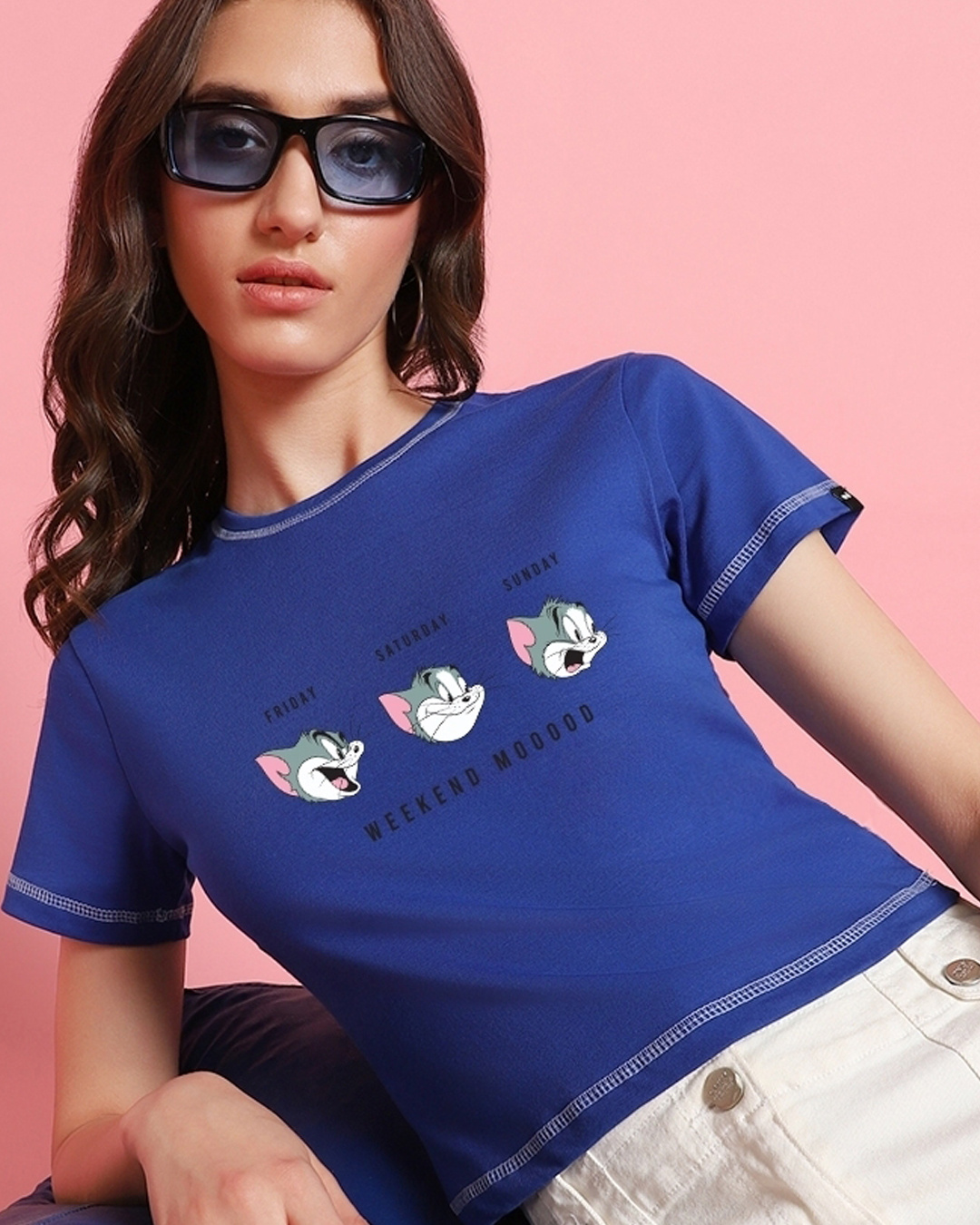 Buy Women's Blue Weekend Mood Tom Graphic Printed Slim Fit Short Top ...