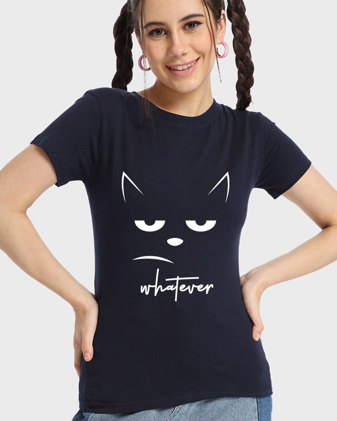 Buy Women's Blue Whatever Cat Graphic Printed T-shirt Online at Bewakoof