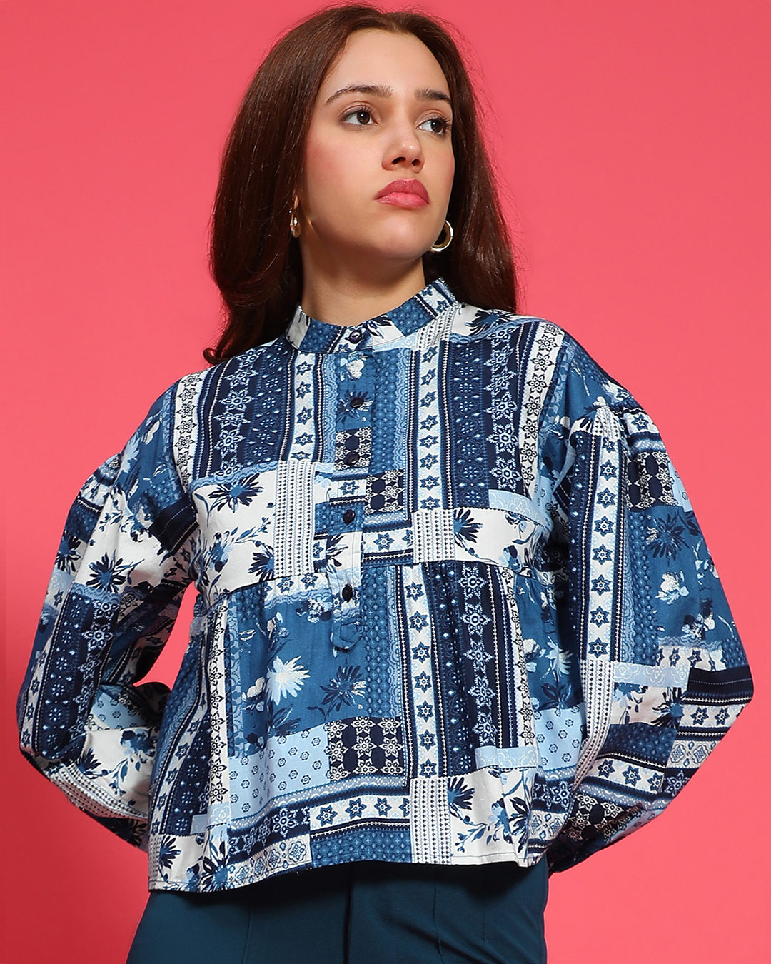 Buy Women's Blue & White All Over Printed Top Online at Bewakoof