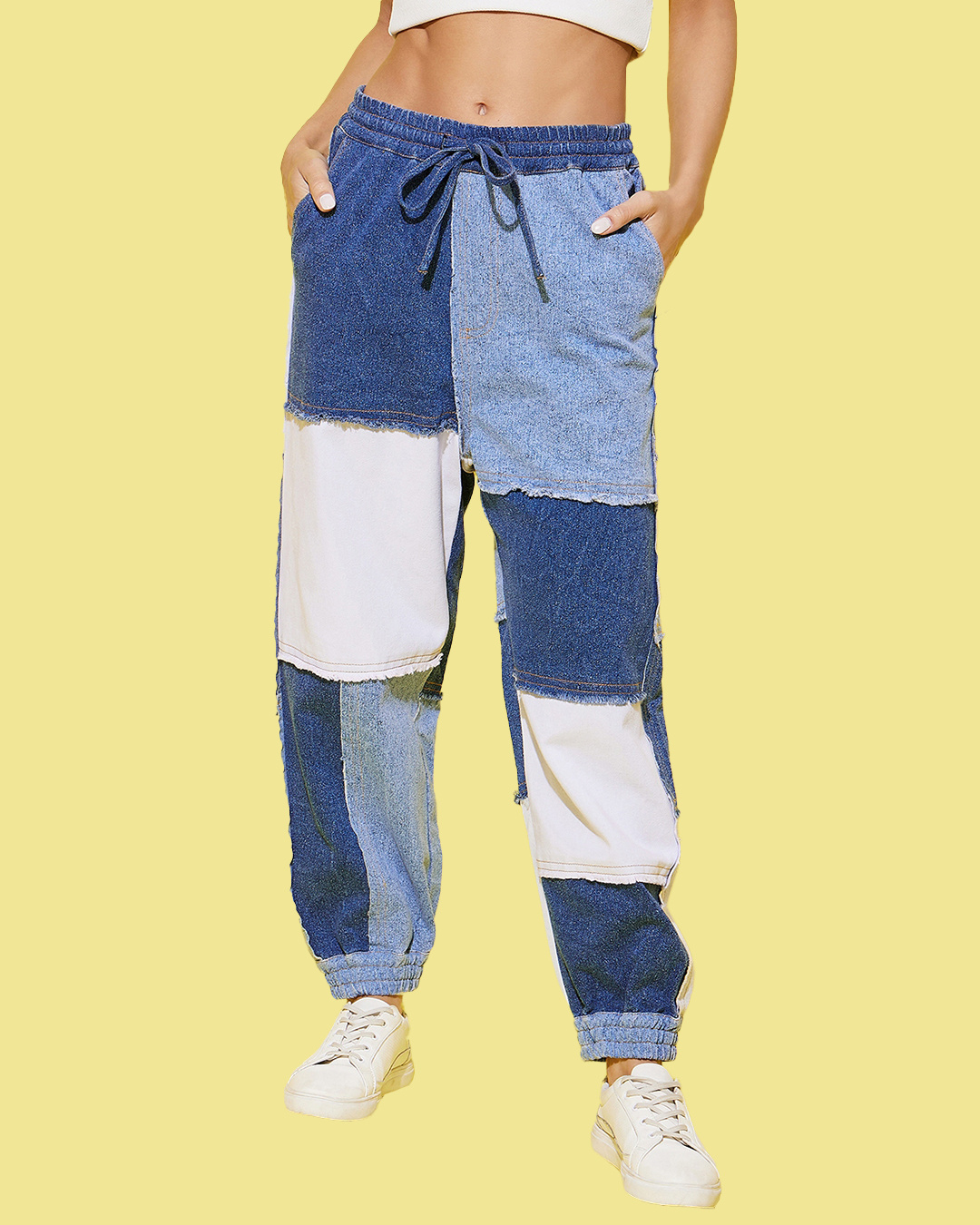 Buy Women's Blue & White Color Block Joggers Online at Bewakoof