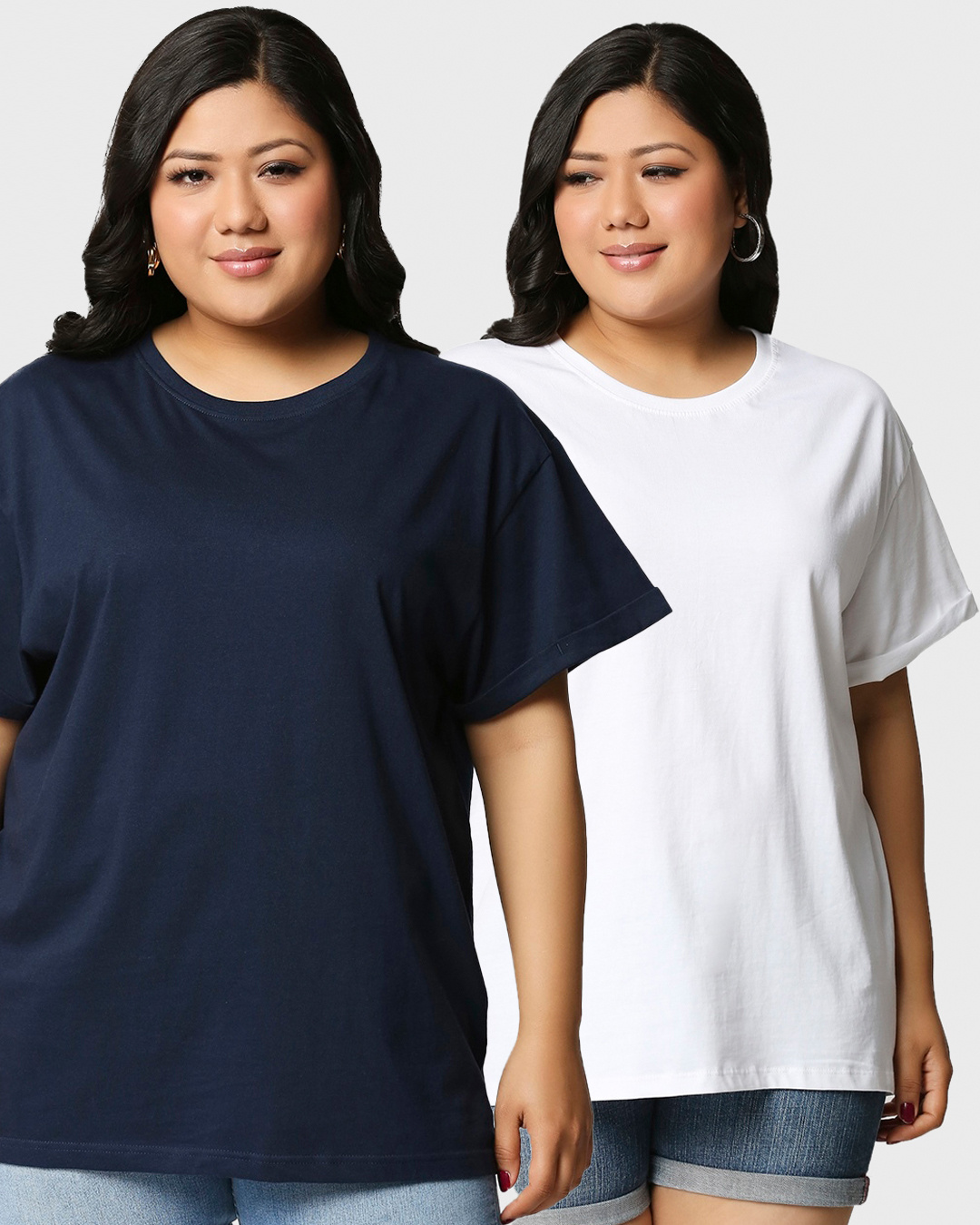 Buy Pack of 2 Women's Blue & White Plus Size Boyfriend T-shirt Online ...