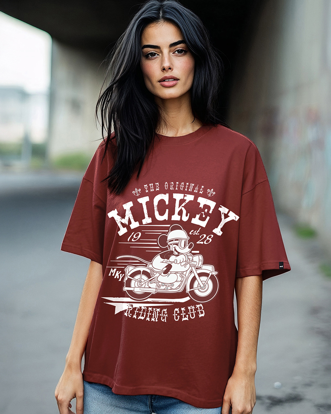 Buy Women's Brick Red Mickey Bike Graphic Printed Oversized T-shirt ...