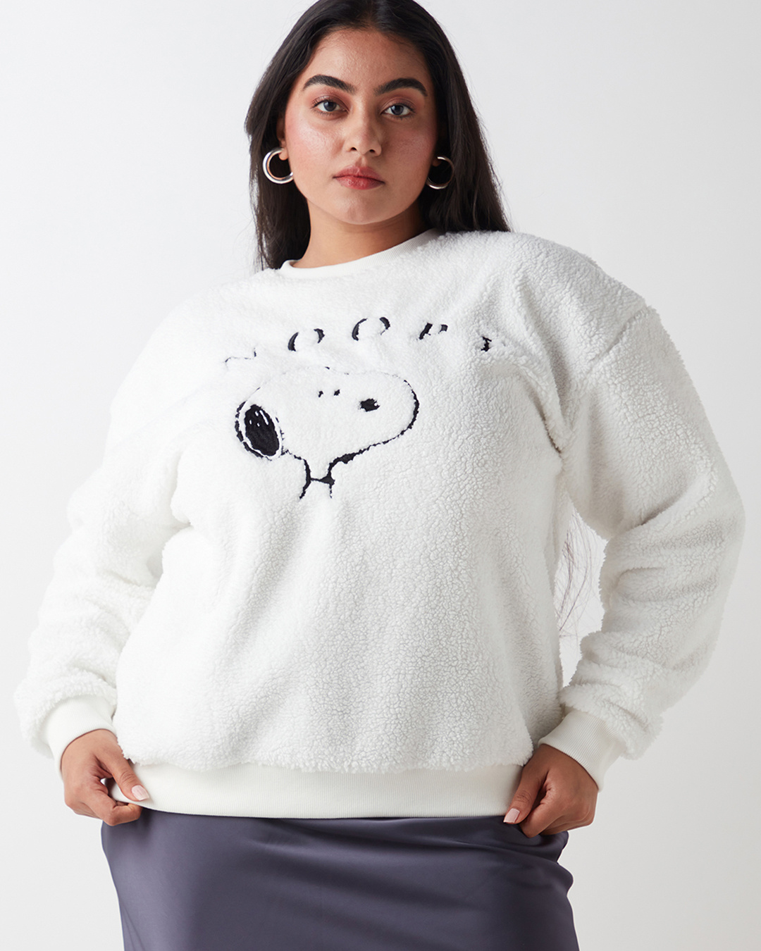 Buy Women's Bright White Embroidered Oversized Plus Size Sweatshirt Online at Bewakoof