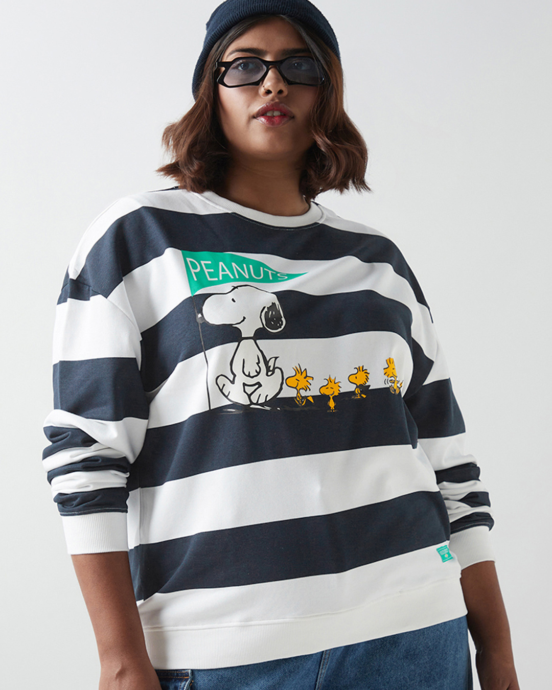 Buy Women's Bright White & Blue Graphic Printed Oversized Plus Size Sweatshirt Online at Bewakoof