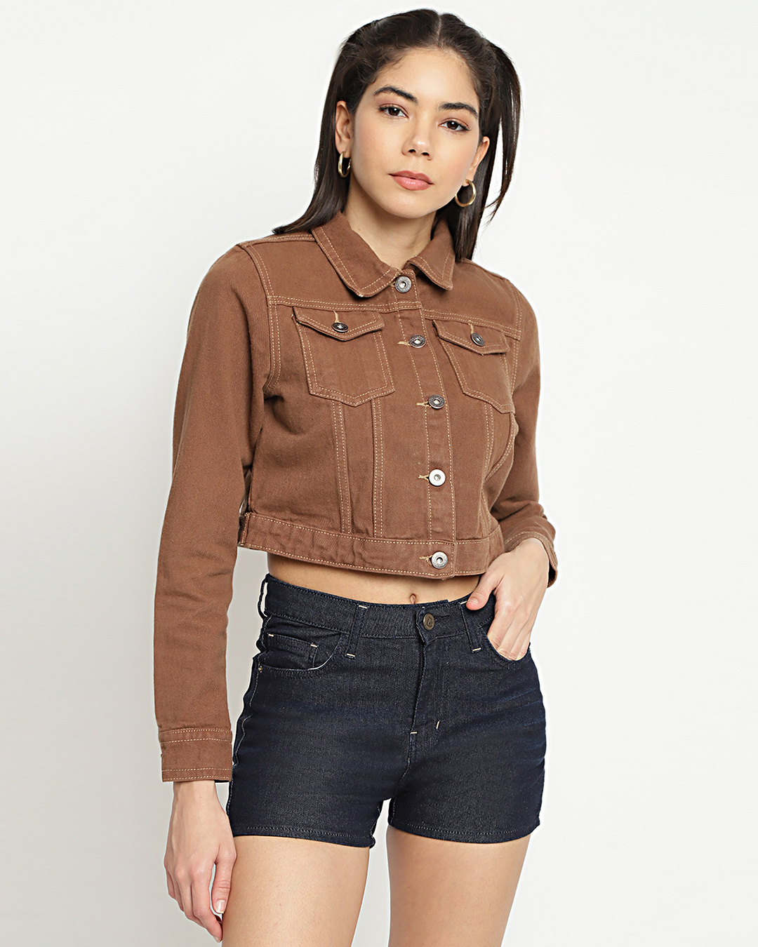 Buy Women's Brown Denim Cropped Jacket Online at Bewakoof