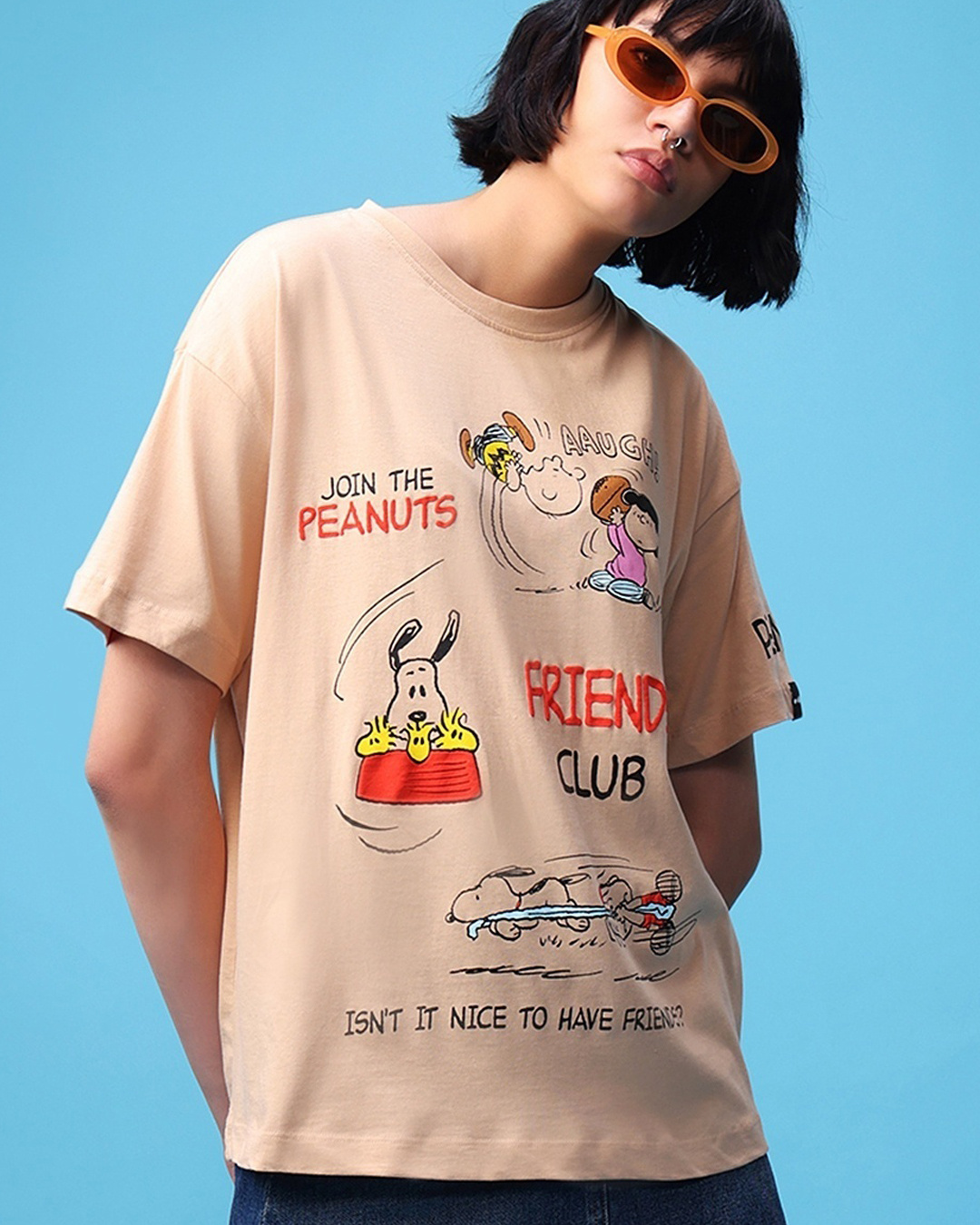 Buy Women's Brown Peanuts Friends Club Graphic Printed Oversized T ...