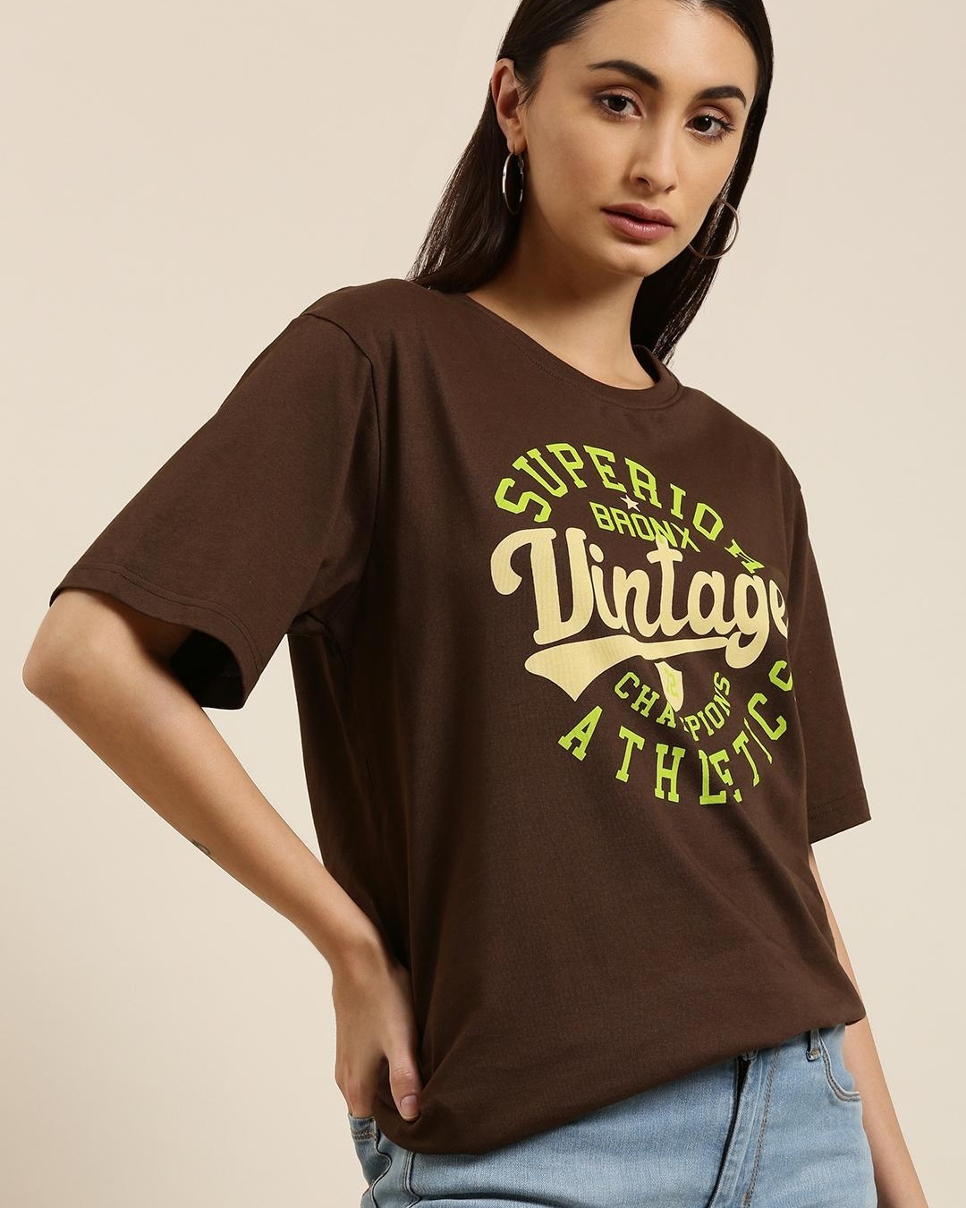 Buy Women's Brown Vintage Typography Oversized T-shirt Online at Bewakoof