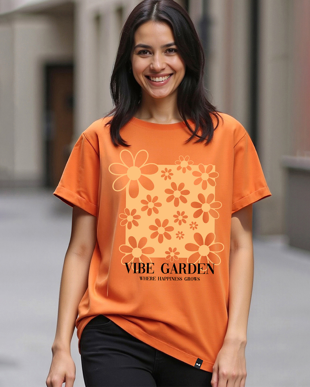 Buy Women's Caramel Orange Vibe Garden Graphic Printed Boyfriend T-shirt Online at Bewakoof