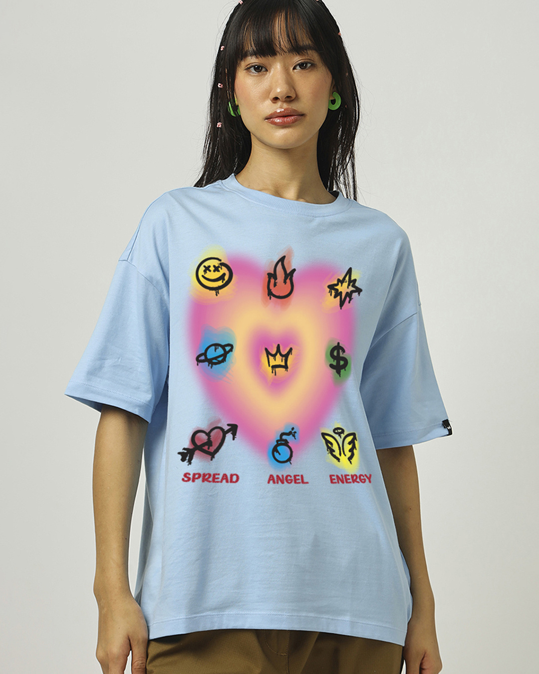 Buy Women's Chambray Blue Spread Angel Energy Graphic Printed Oversized ...