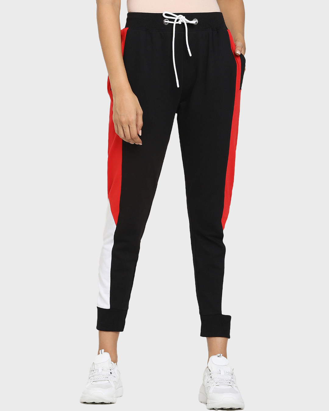 Buy Women's Black & Red Color Block Joggers Online at Bewakoof