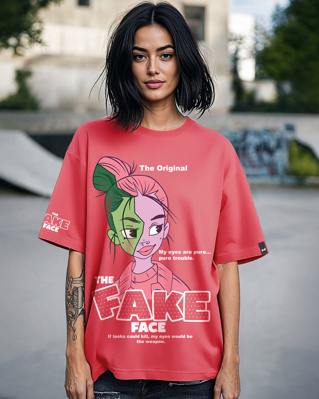 Buy Women's Coral Pink Fake Face Graphic Printed Oversized T-shirt ...