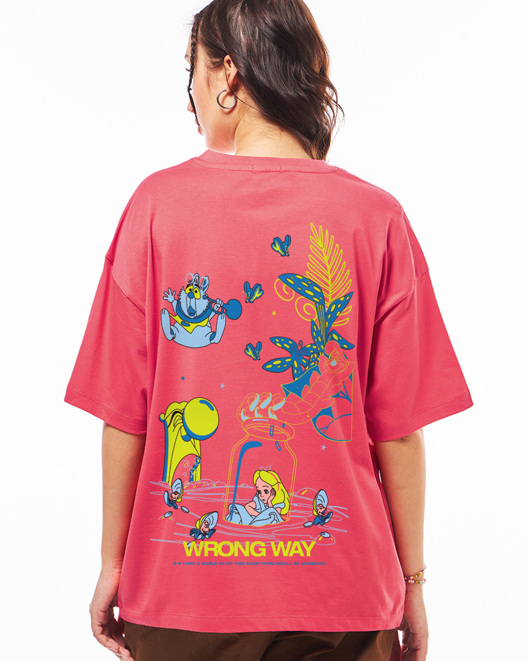 Buy Women's Coral Pink Wrong Way Graphic Printed Oversized T-shirt Online at Bewakoof