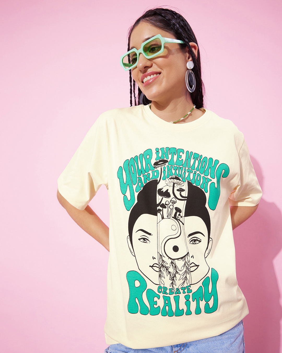 Buy Women's Cream Graphic Printed Oversized T-shirt Online at Bewakoof