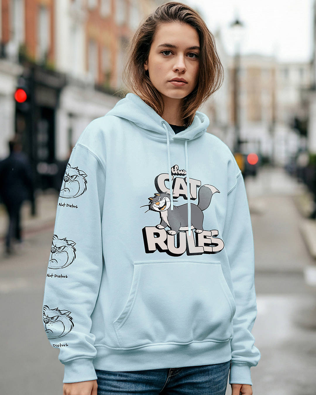 Buy Women's Cyan The Cat Rules Graphic Printed Oversized Hoodies Online ...
