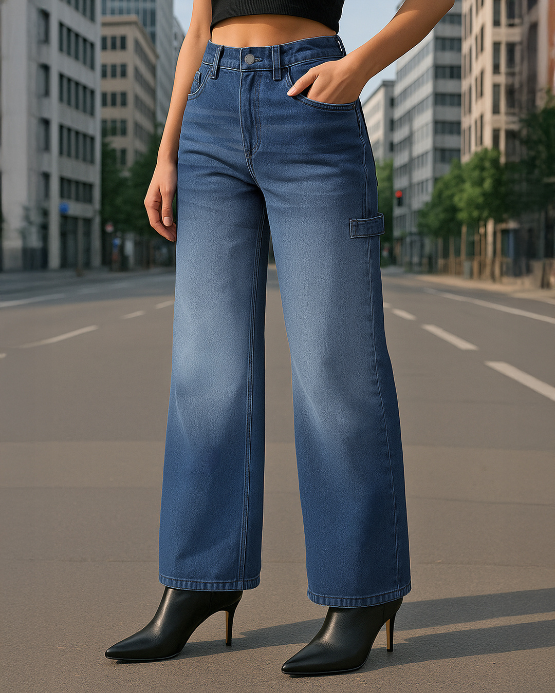 Buy Women's Dark Blue Washed Wide Leg Korean Carpenter Jeans Online at ...