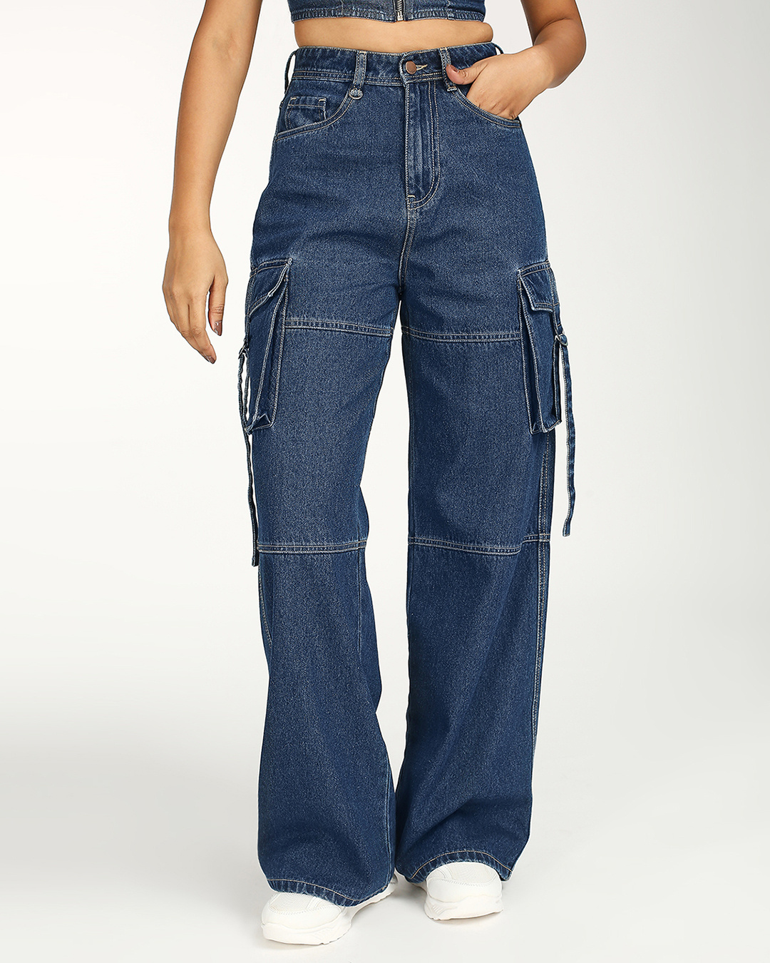 Buy Women's Dark Blue Wide Leg Cargo Jeans Online at Bewakoof