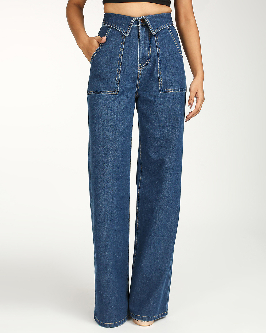 Buy Women's Dark Blue Wide Leg Jeans Online at Bewakoof