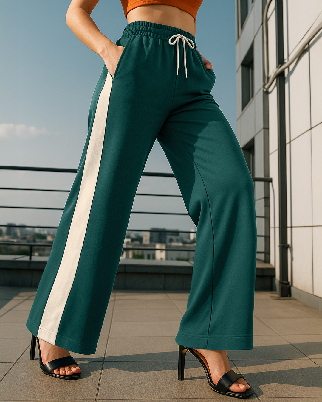Buy Women's Dark Sea Green Wide Leg Track Pants Online at Bewakoof