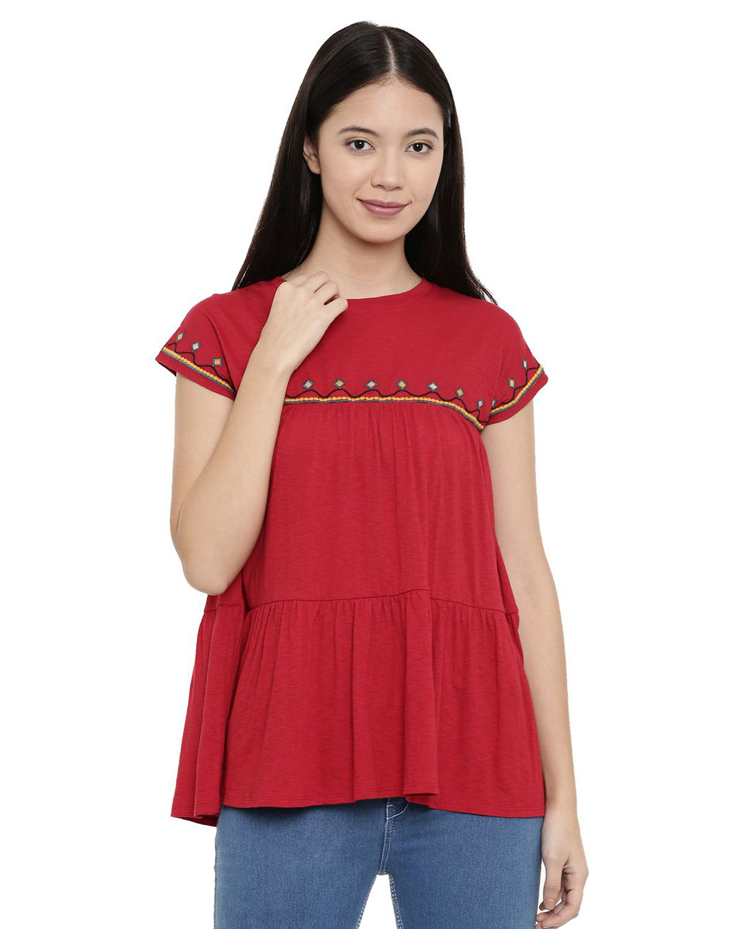 Buy Women's Embroidered Tiered Red Top Online at Bewakoof