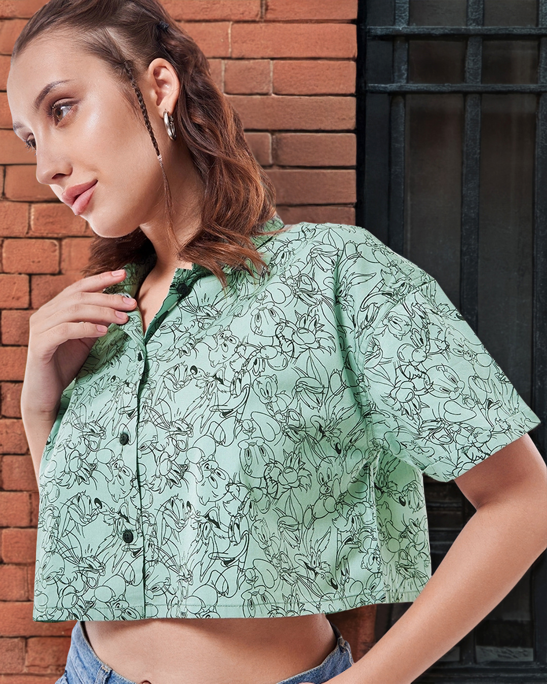 Buy Women's Green All Over Printed Oversized Crop Shirt Online at Bewakoof