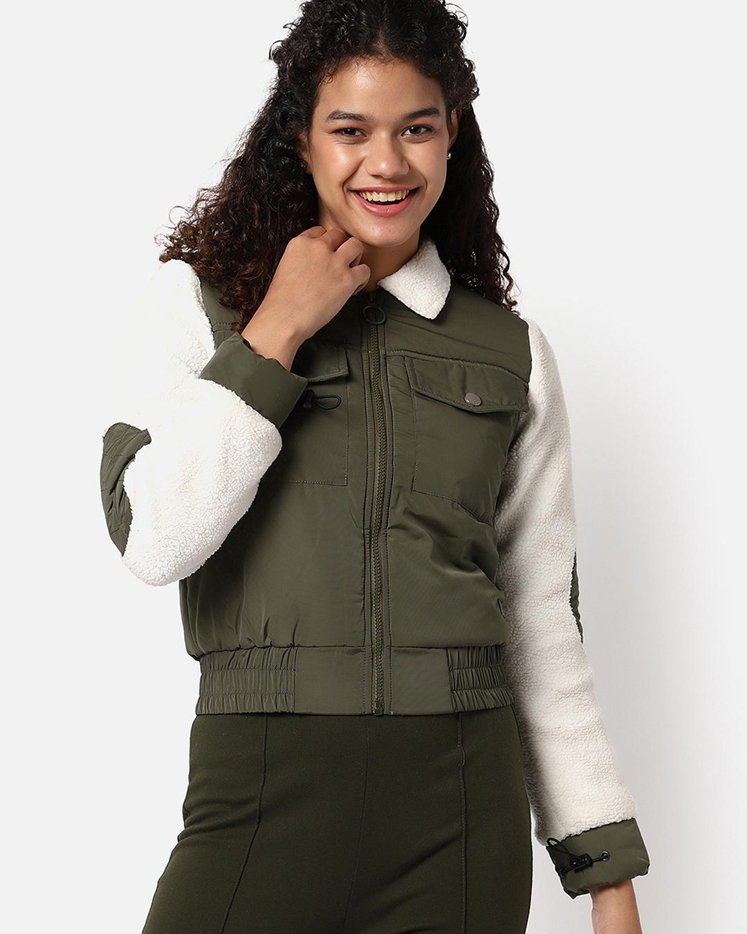Buy Women's Green & Cream Color Block Cropped Jacket Online at Bewakoof