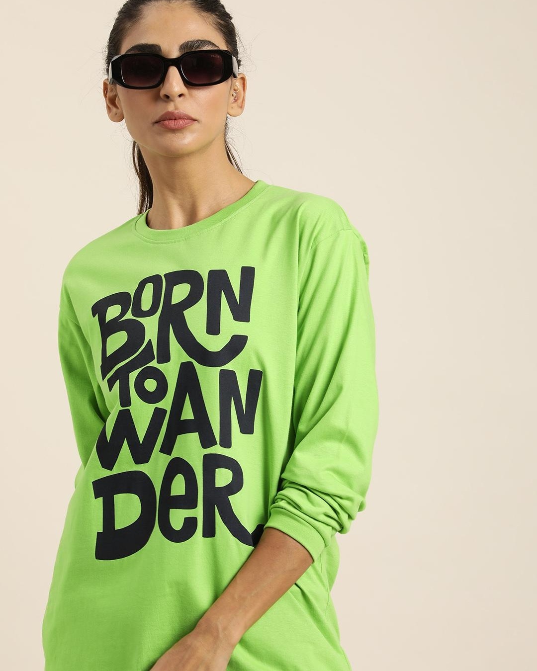 Buy Women's Green Born To Wander Typography Oversized T-shirt Online at ...
