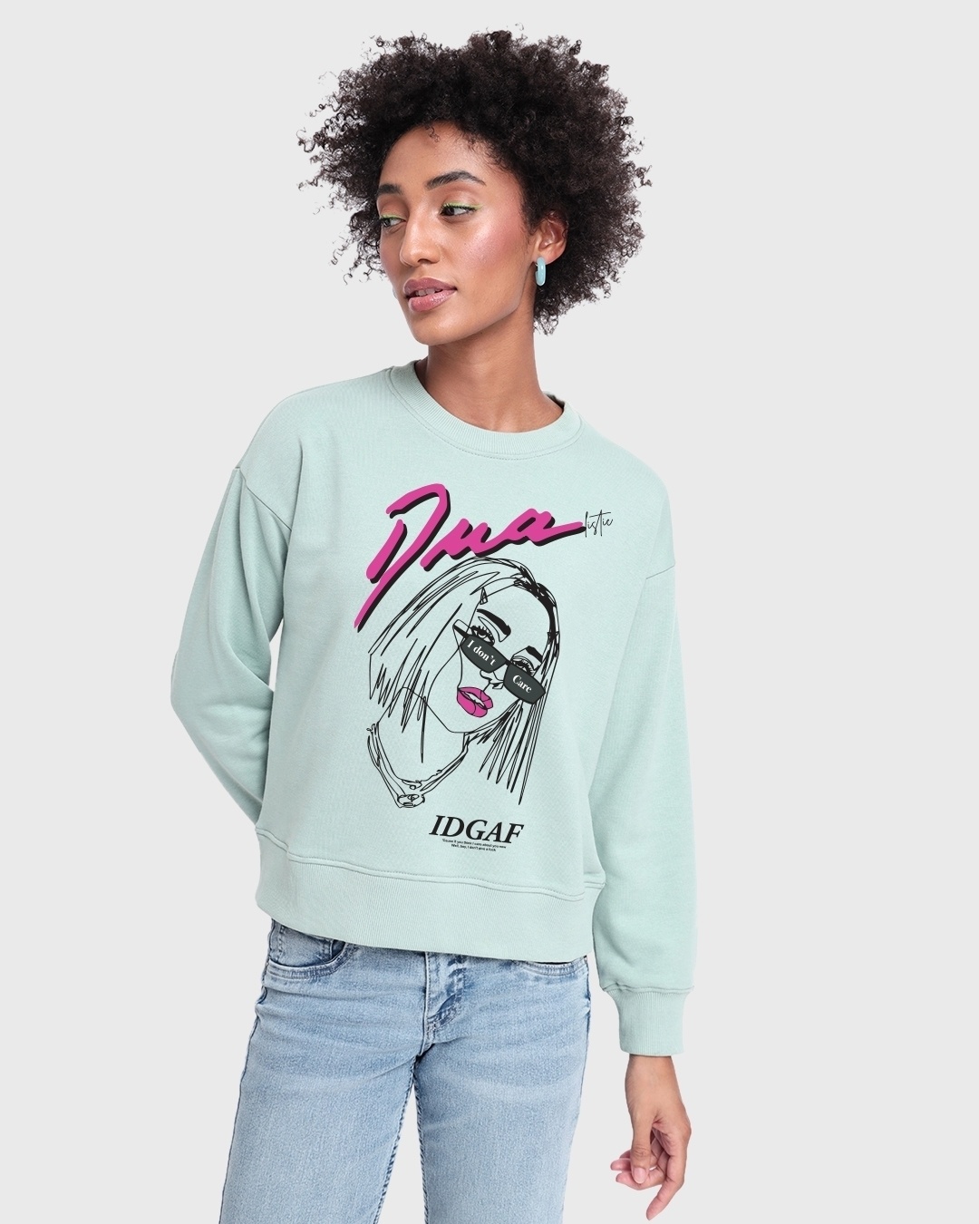 Buy Women's Cyan Dua Lipa IDGAF Graphic Printed Oversized Sweatshirt ...