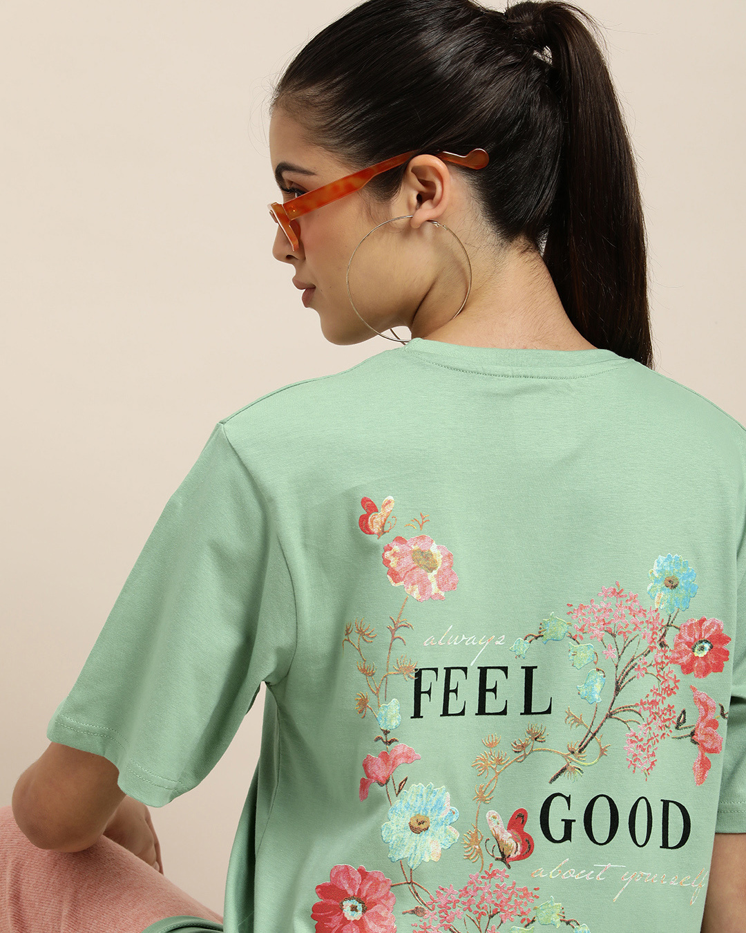 Buy Women's Green Feel Good Typography Oversized T-shirt Online at Bewakoof