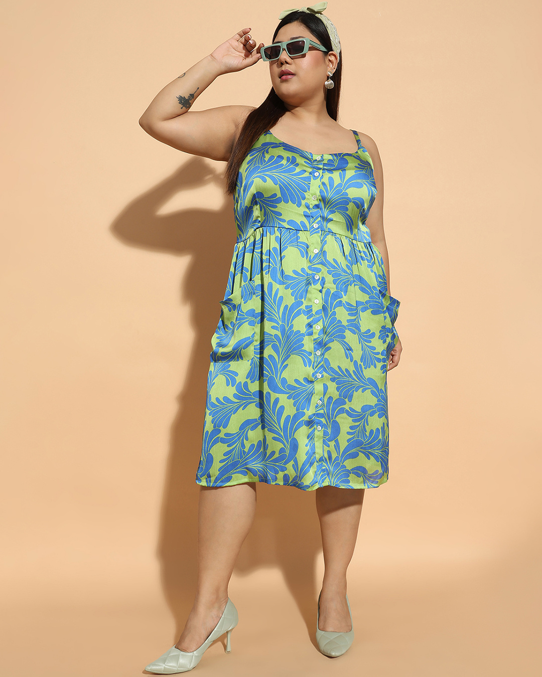 Buy Women's Green & Blue Floral Printed Plus Size Flared Dress Online at Bewakoof
