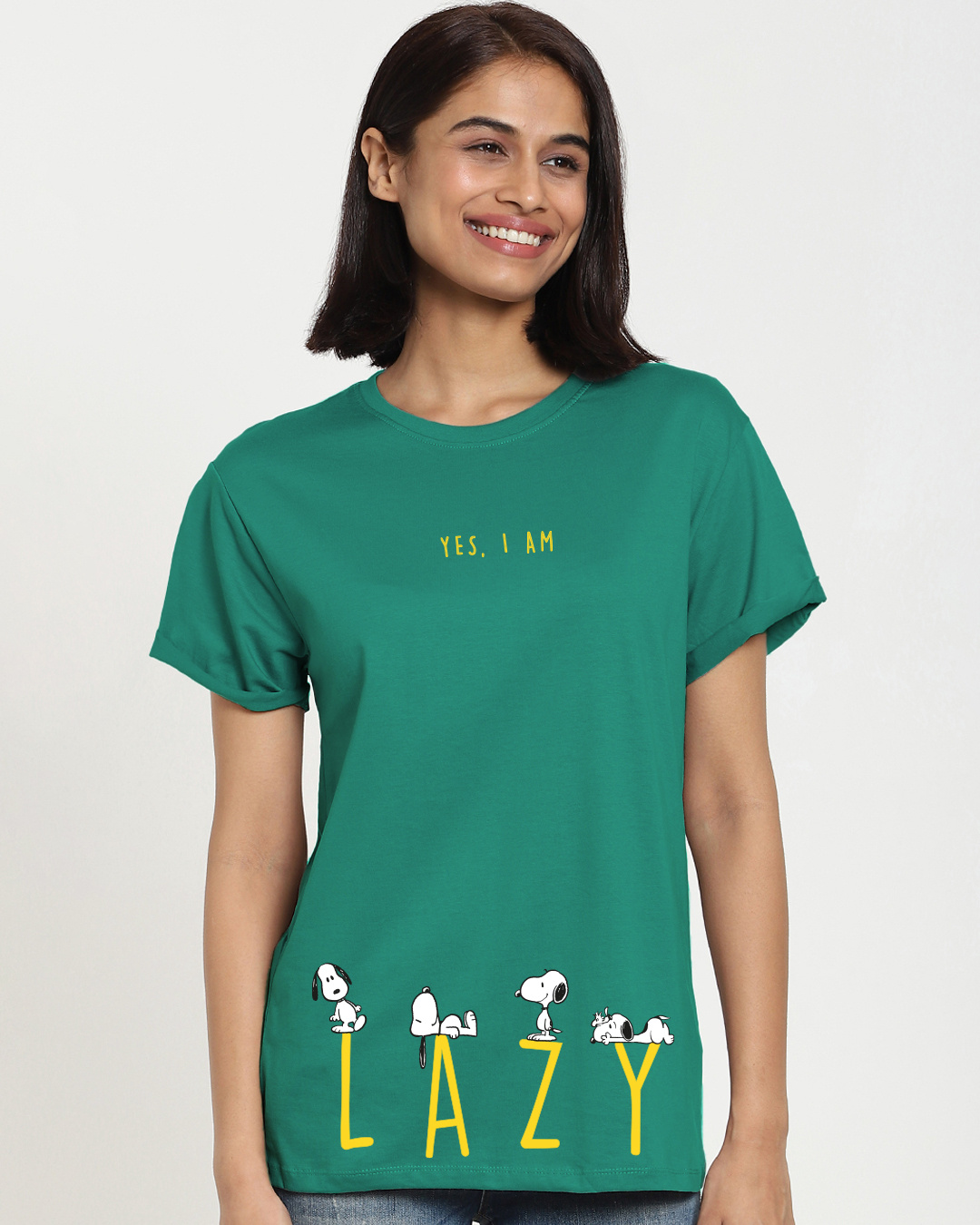 Buy Women's Green Lazy Snoopy Typography Boyfriend T-shirt Online at ...