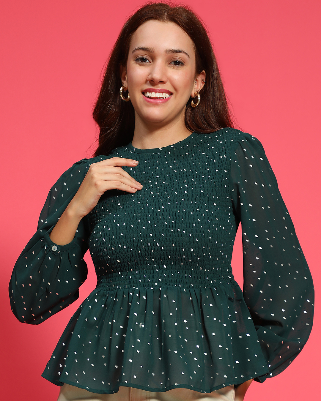 Buy Women's Green Polka Printed Peplum Top Online at Bewakoof