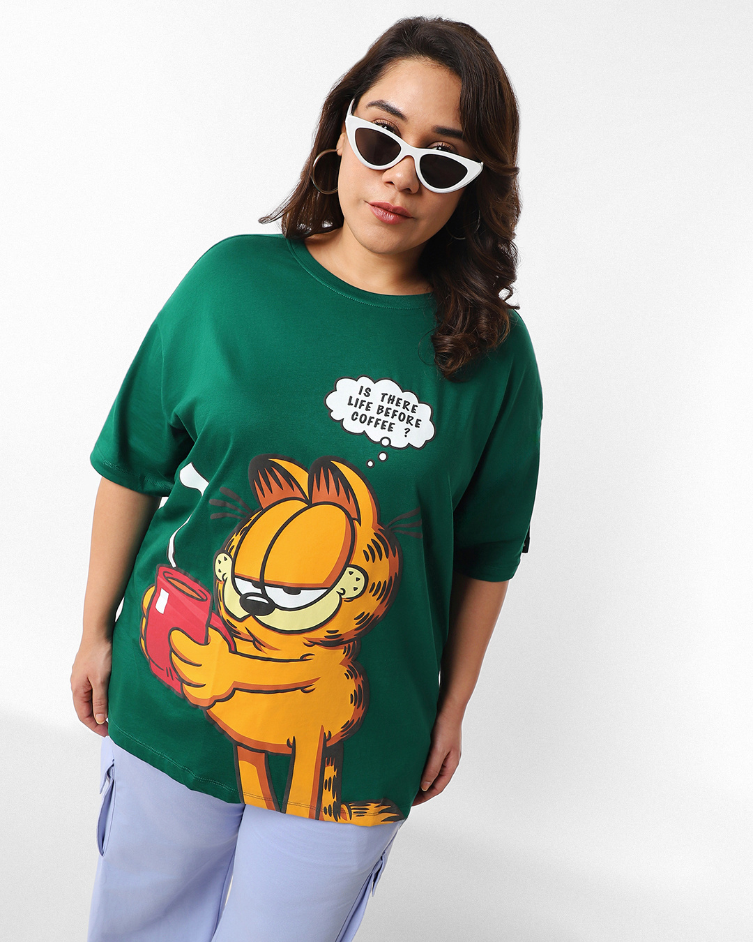 Buy Women's Green Rock Garfield Graphic Printed Oversized Plus Size T-shirt Online at Bewakoof