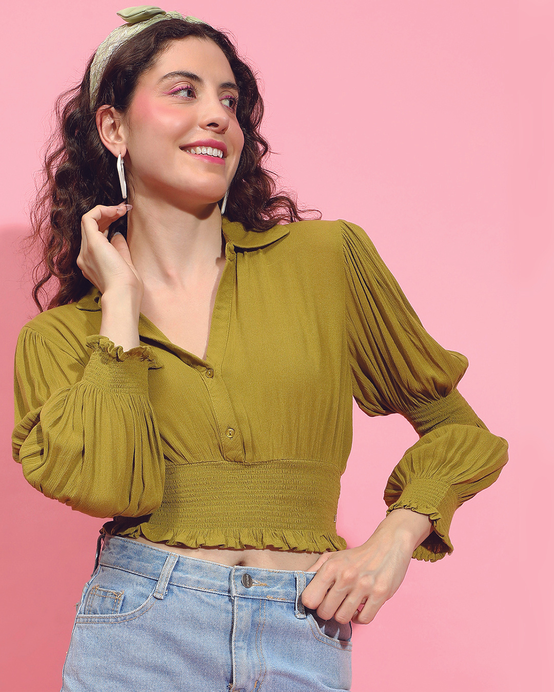 Buy Women's Khaki Green Smocked Short Top Online at Bewakoof