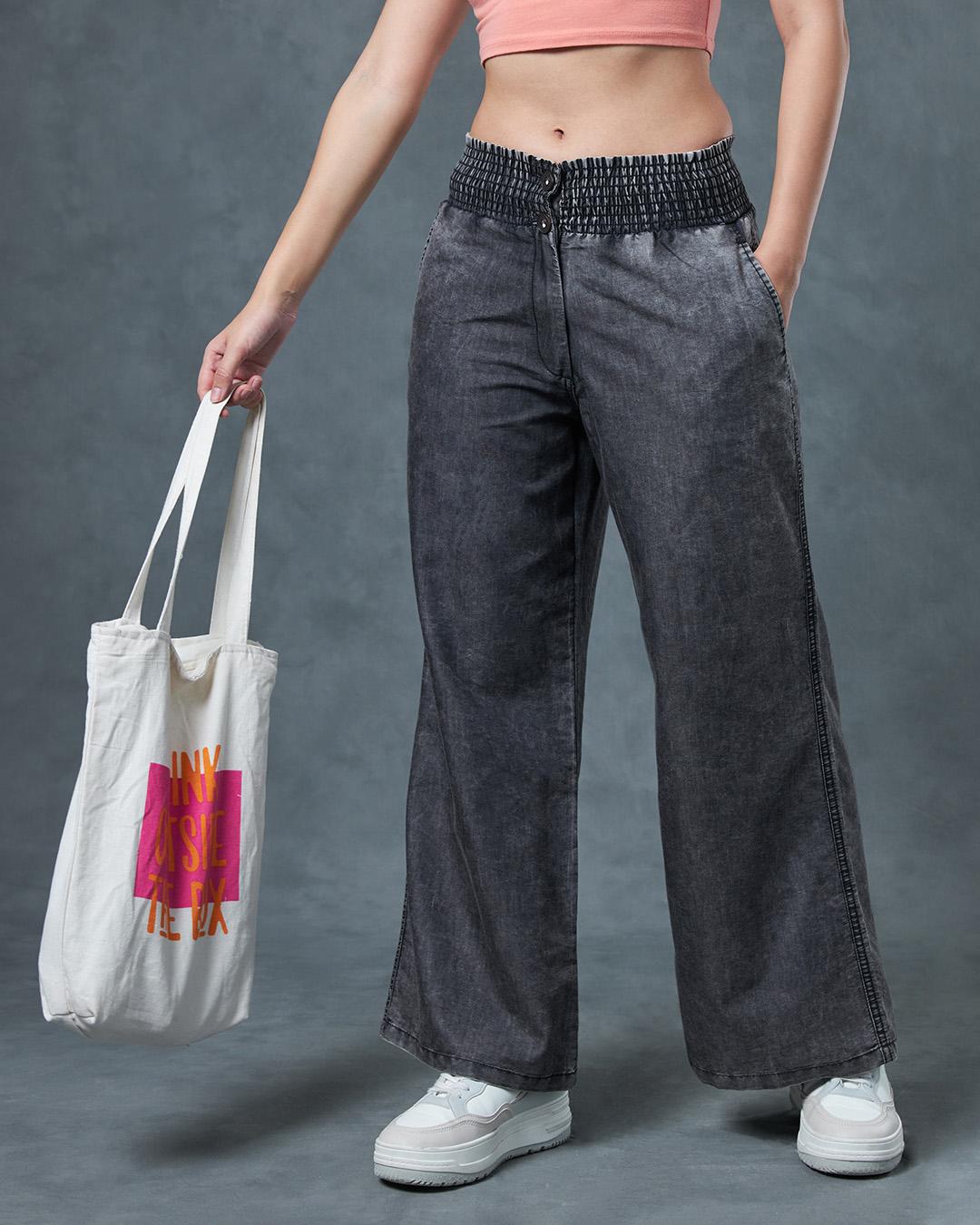 Buy Women's Grey Acid Wash Wide Leg Pants Online at Bewakoof