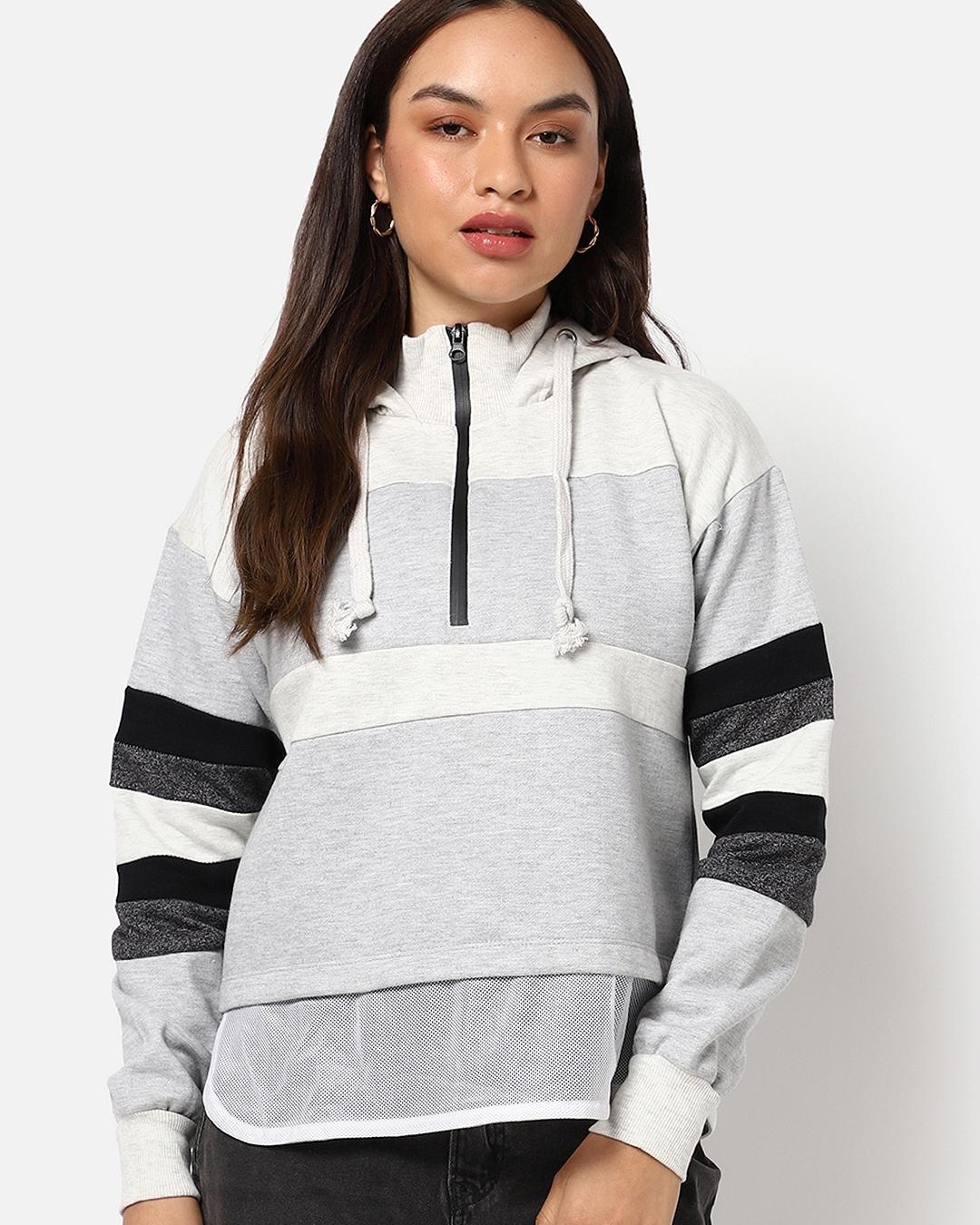 Buy Women's Grey and Black Color Block Hooded Sweatshirt for Women Grey ...
