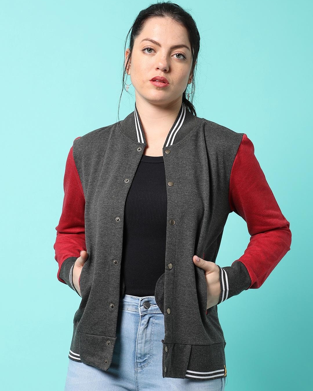 Buy Women's Grey & Red Color Block Varsity Jacket Online at Bewakoof