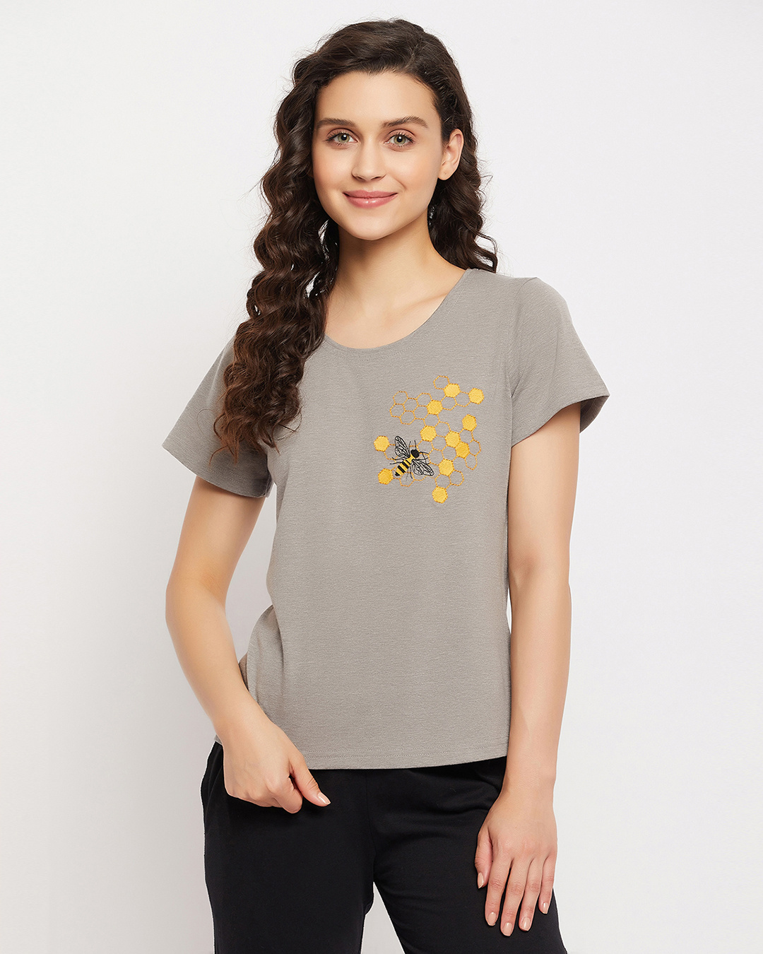 Buy Women's Grey Bee Embroidered Lounge T-shirts Online in India at ...