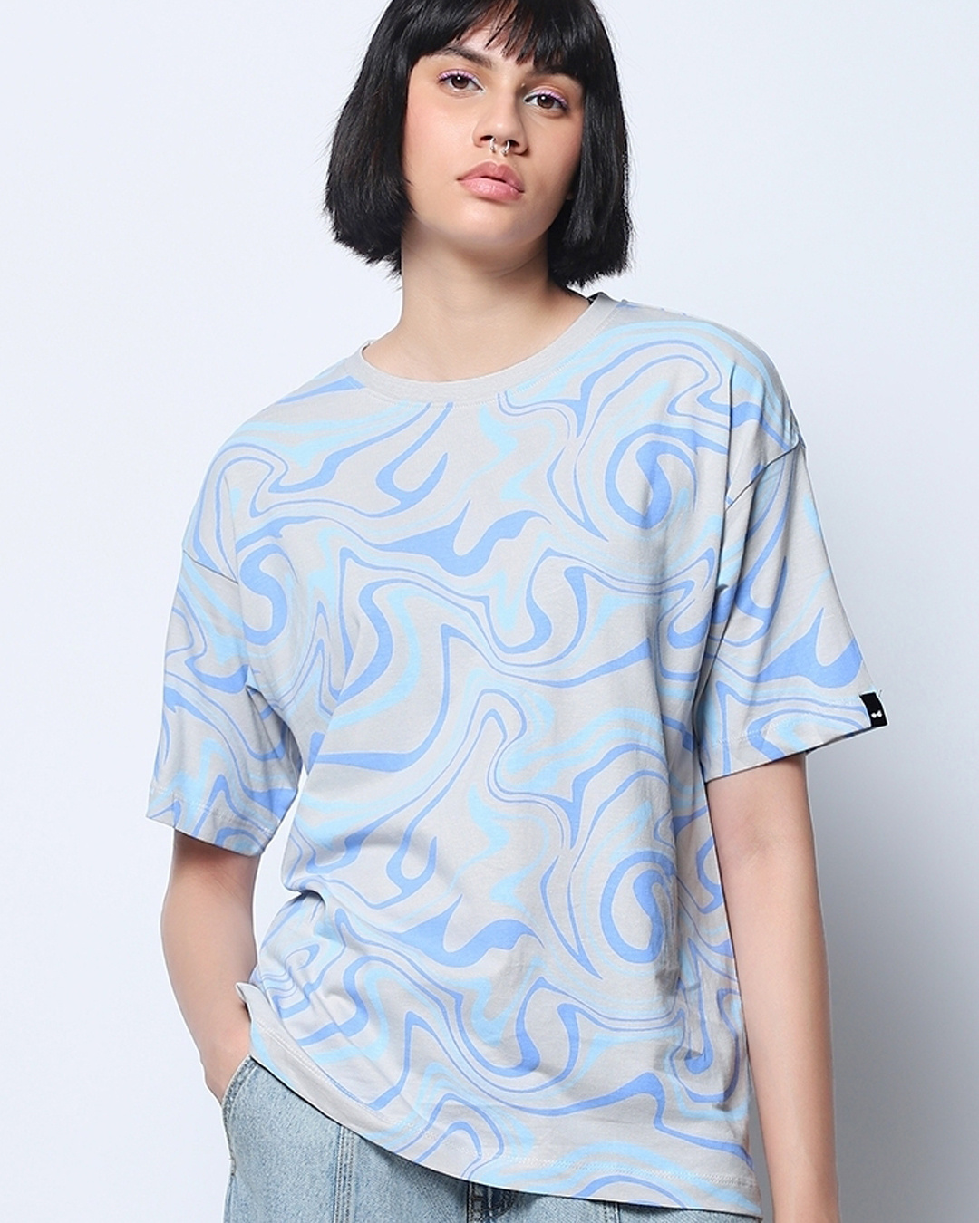 Buy Women's Grey & Blue Abstract Printed Oversized Plus Size T-shirt Online at Bewakoof