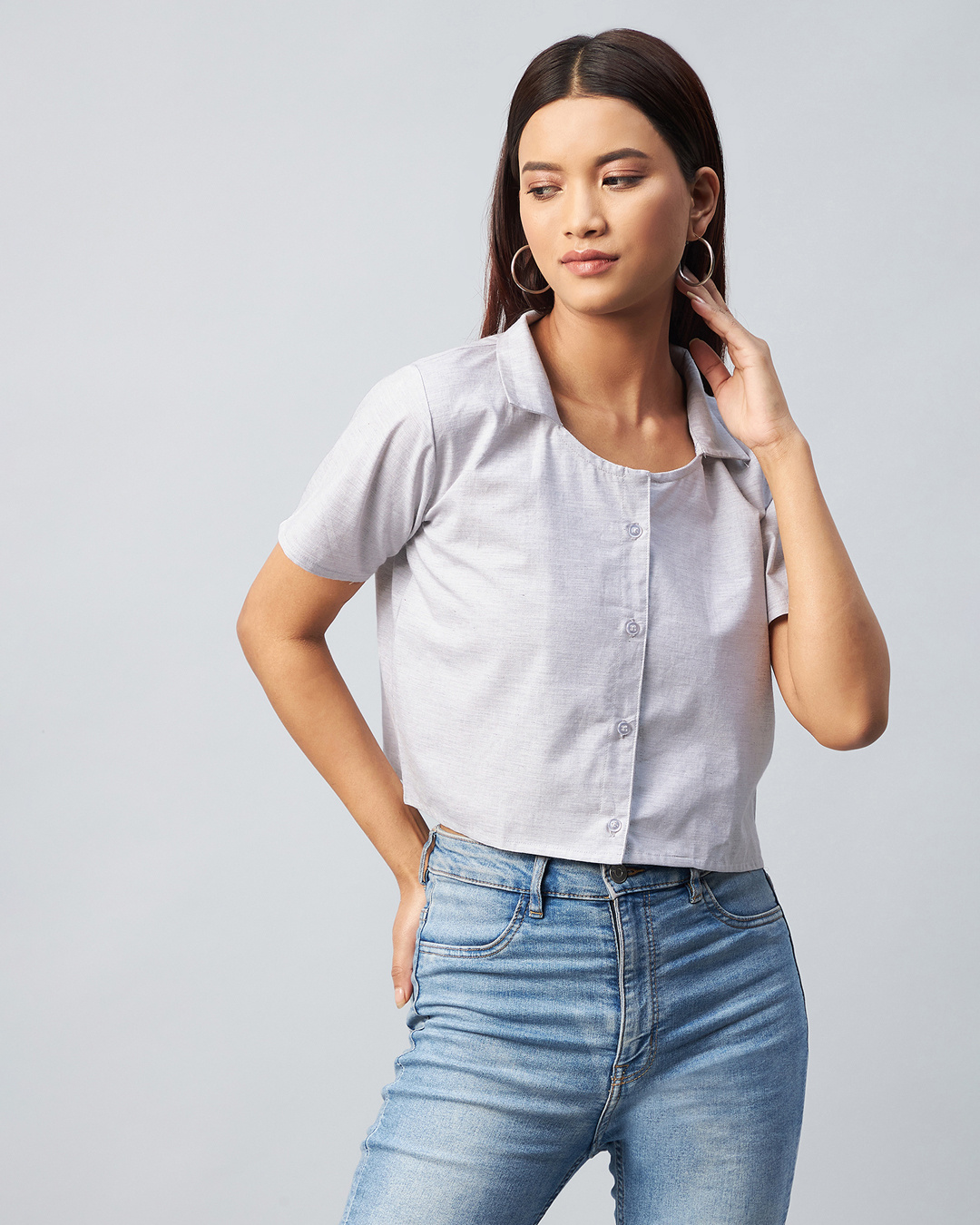 Buy Womens Grey Boxy Fit Crop Shirt Online At Bewakoof