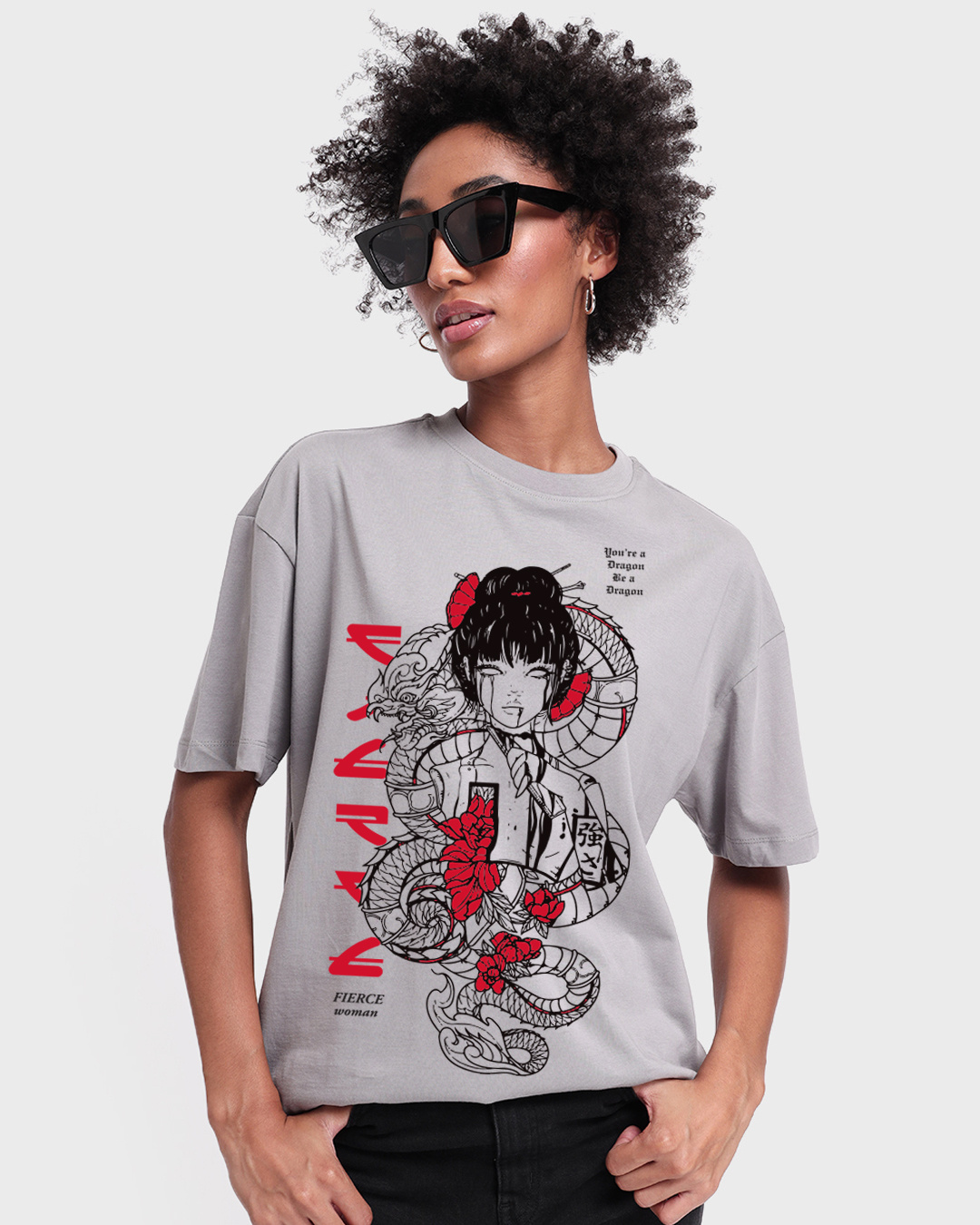 Buy Womens Grey Dragon Lady Graphic Printed Oversized T Shirt Online
