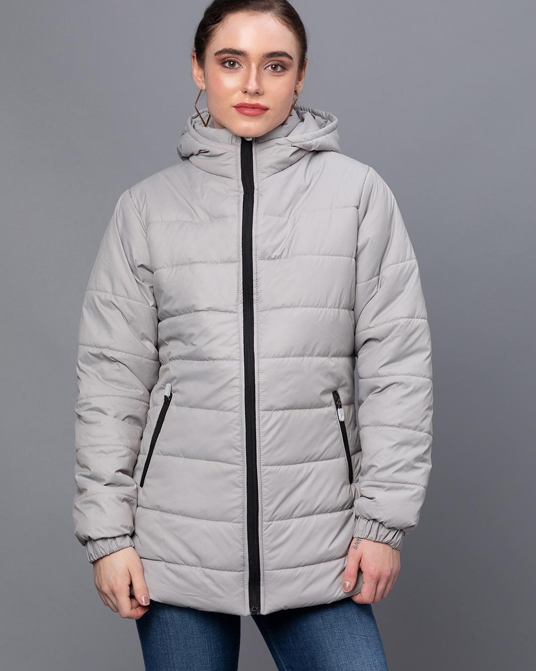 Buy Women's Grey Hooded Puffer Jacket Online at Bewakoof