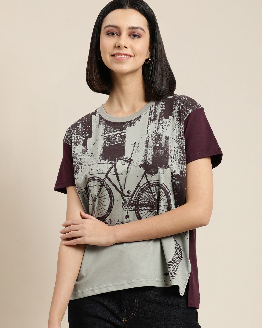 Buy Women's Grey & Maroon Cycle Oversized Cotton T-shirt Online at Bewakoof