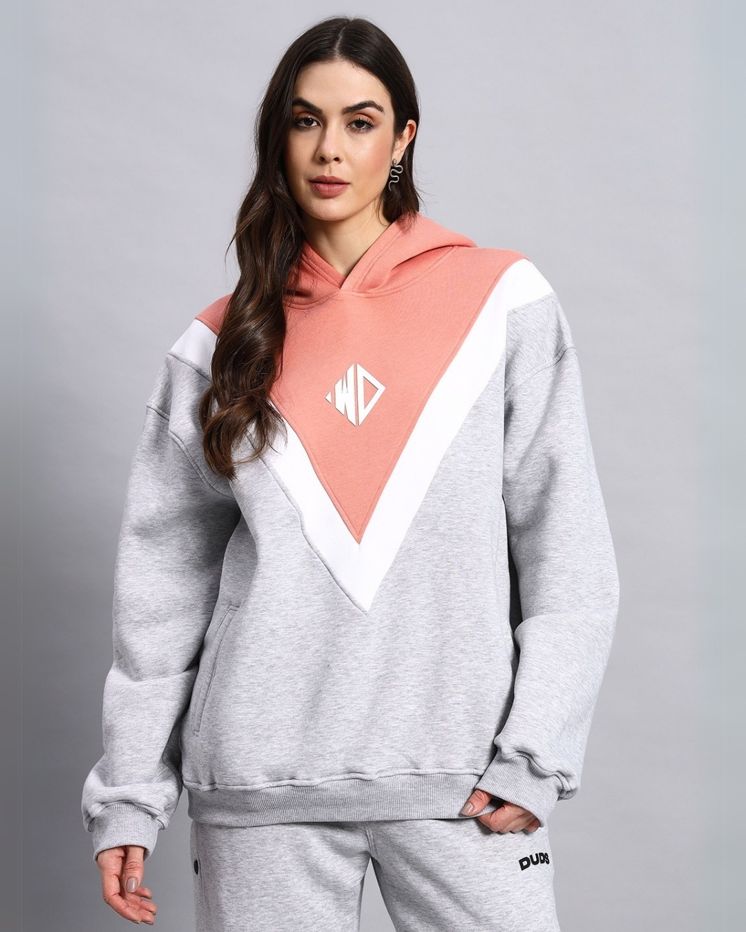 Buy Women's Grey & Peach Orange Color Block Oversized Hoodies Online at ...