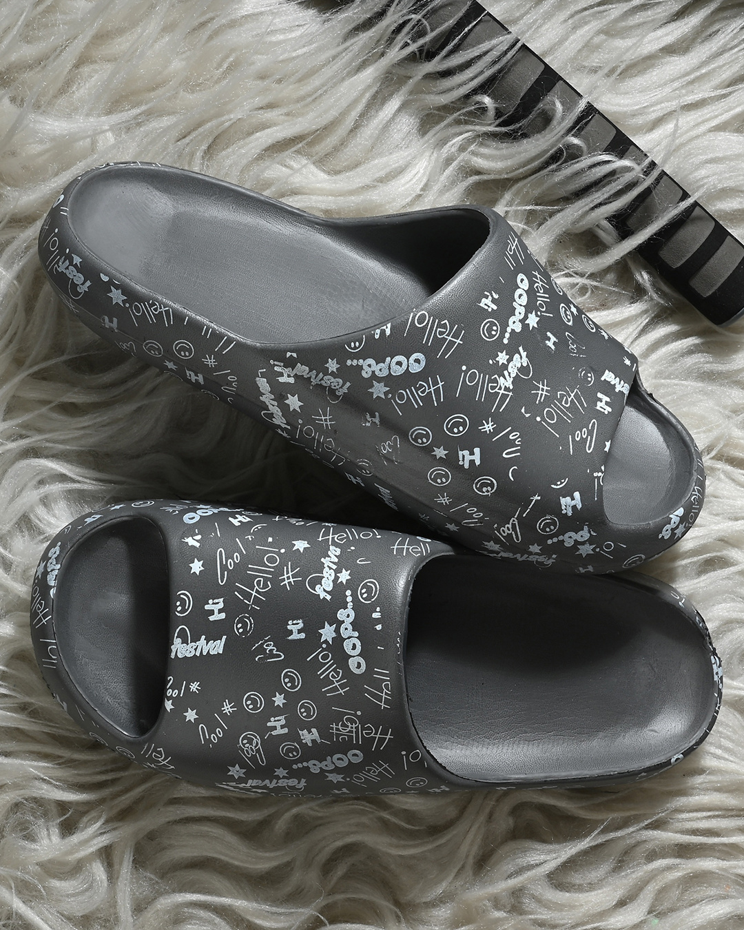 Buy Women's Grey Printed Sliders Online in India at Bewakoof