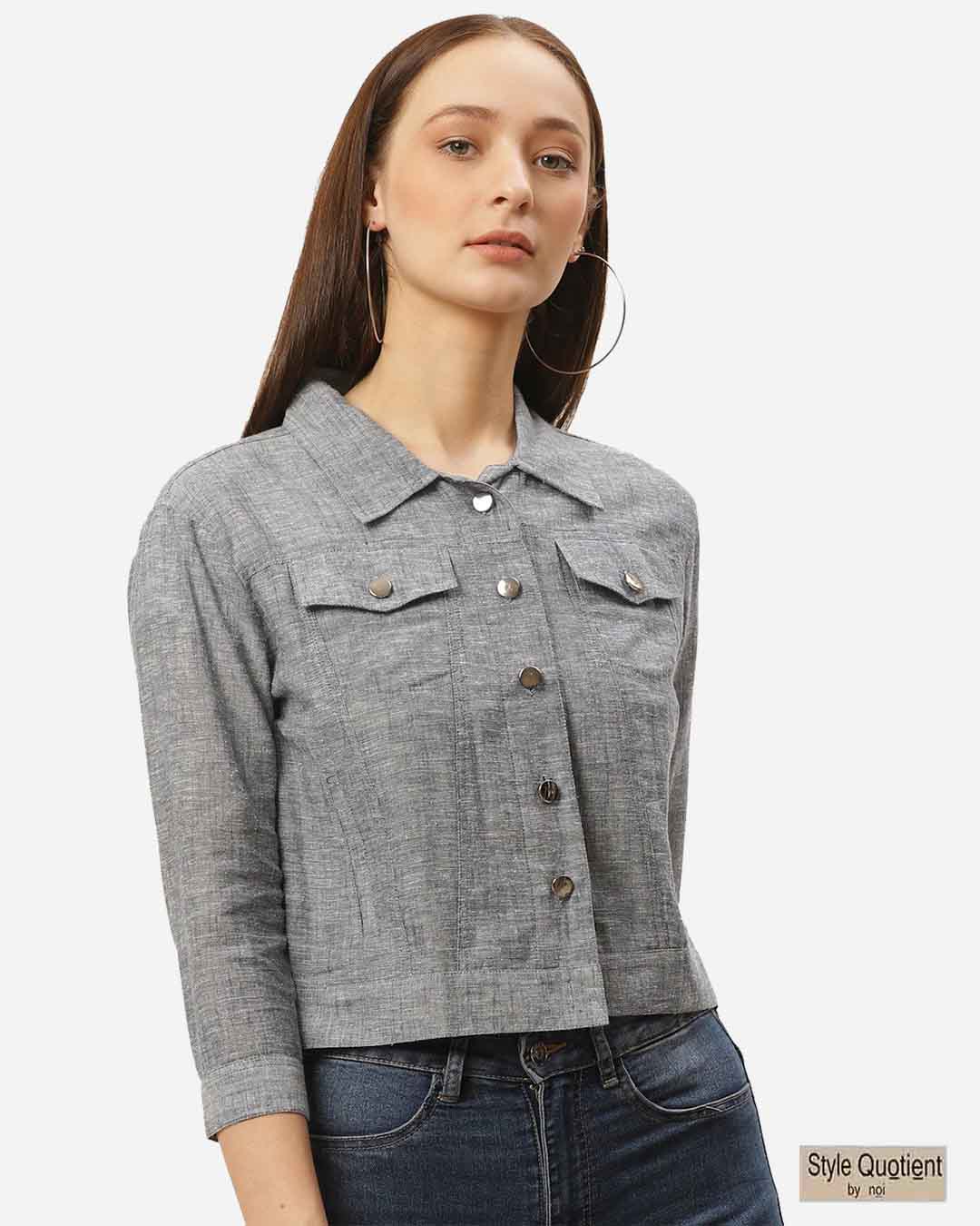 Buy Women's Grey Regular Fit Solid Crop Shacket Online at Bewakoof
